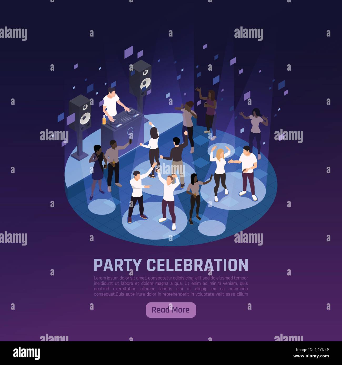 Party celebration isometric background with text read more button and ...