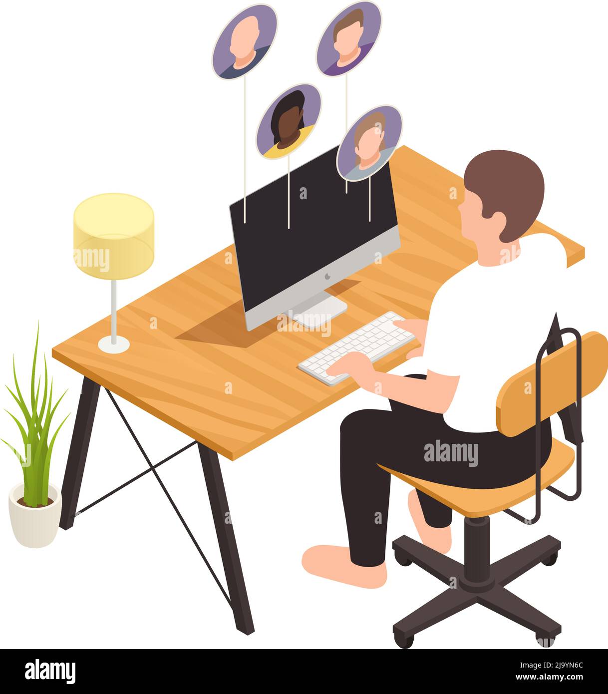 Online virtual team building isometric composition with male worker ...