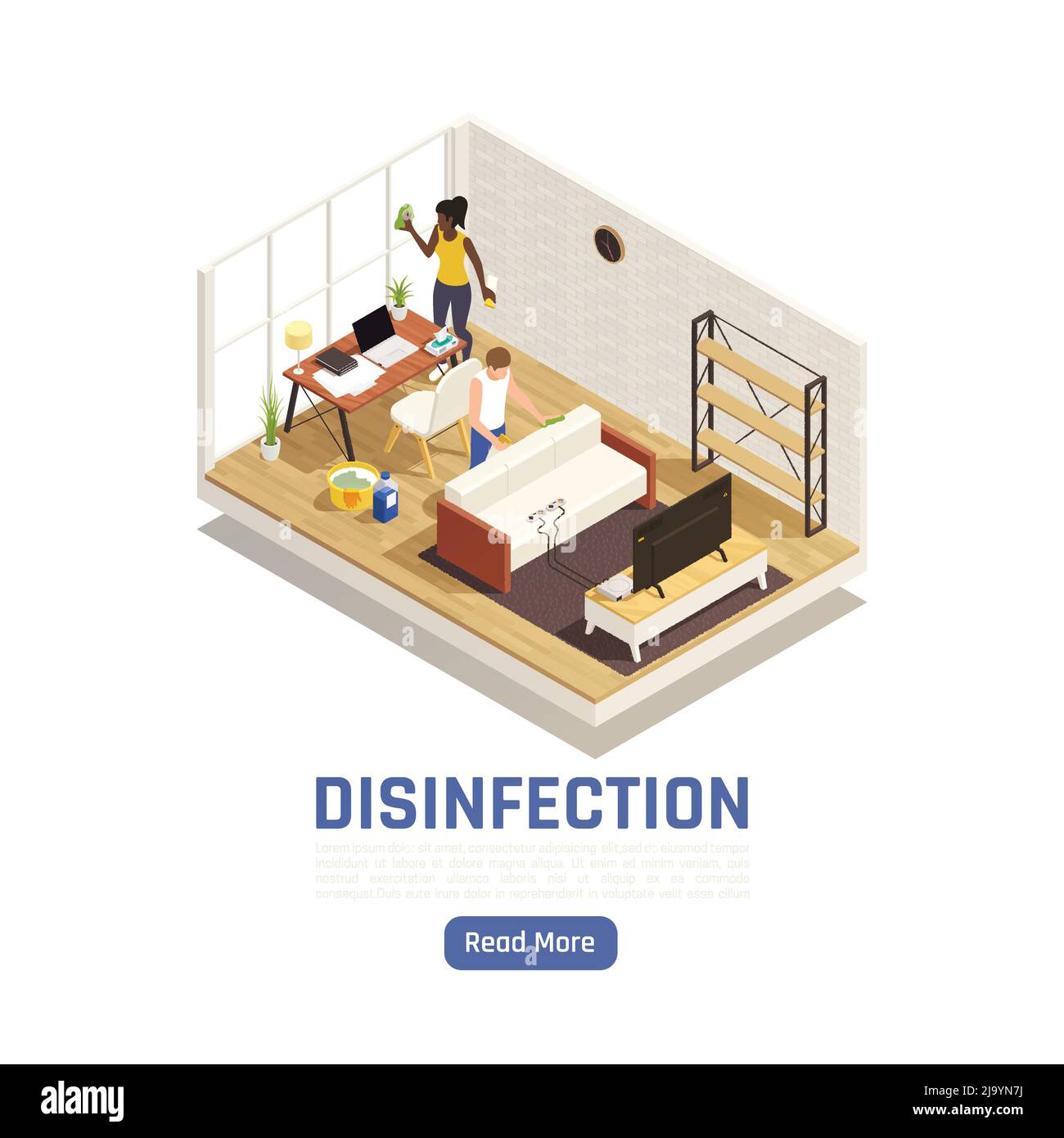 Sanitizing isometric background with domestic room scenery and human ...
