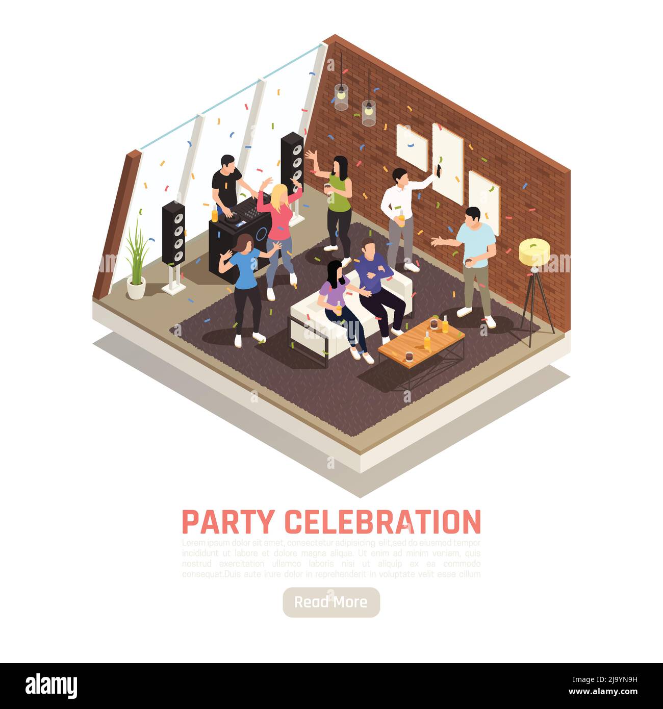 Party celebration isometric background with indoor view of house party ...