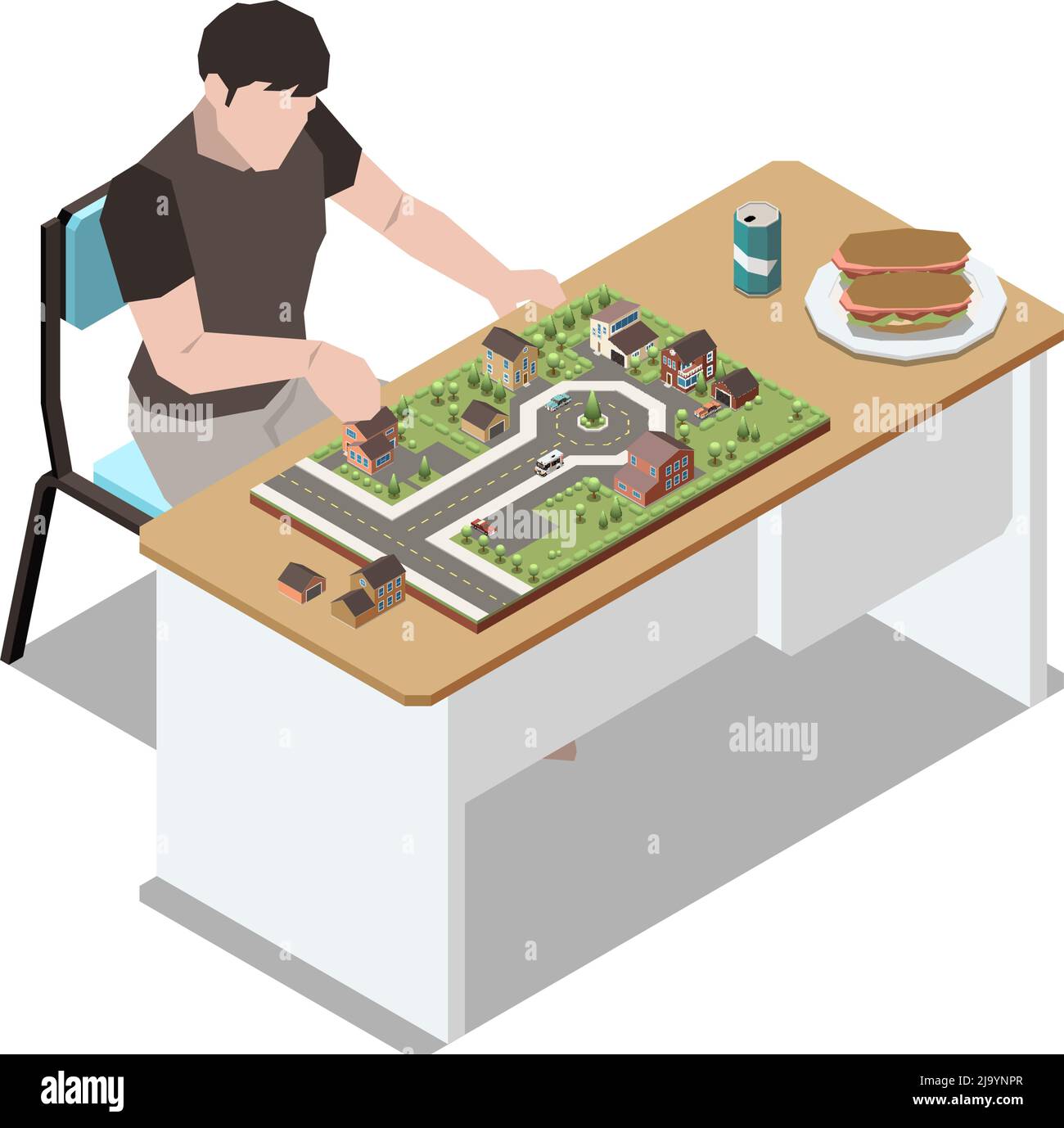 Stay at home isometric composition with man sitting at table playing ...