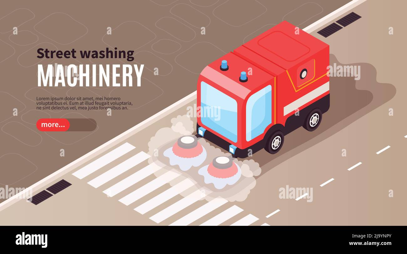 Isometric cleaning road horizontal banner with street background and ...