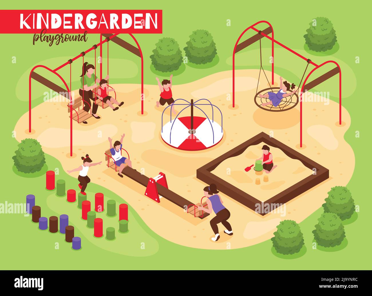 Isometric playground kindergarten composition with outdoor view of ...