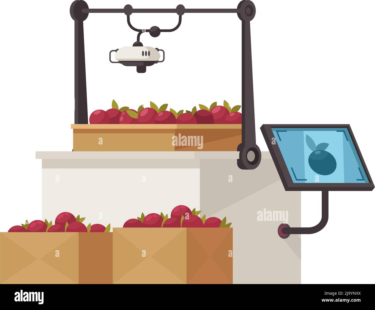 Smart farm equipment and boxes with ripe apples flat icon vector ...