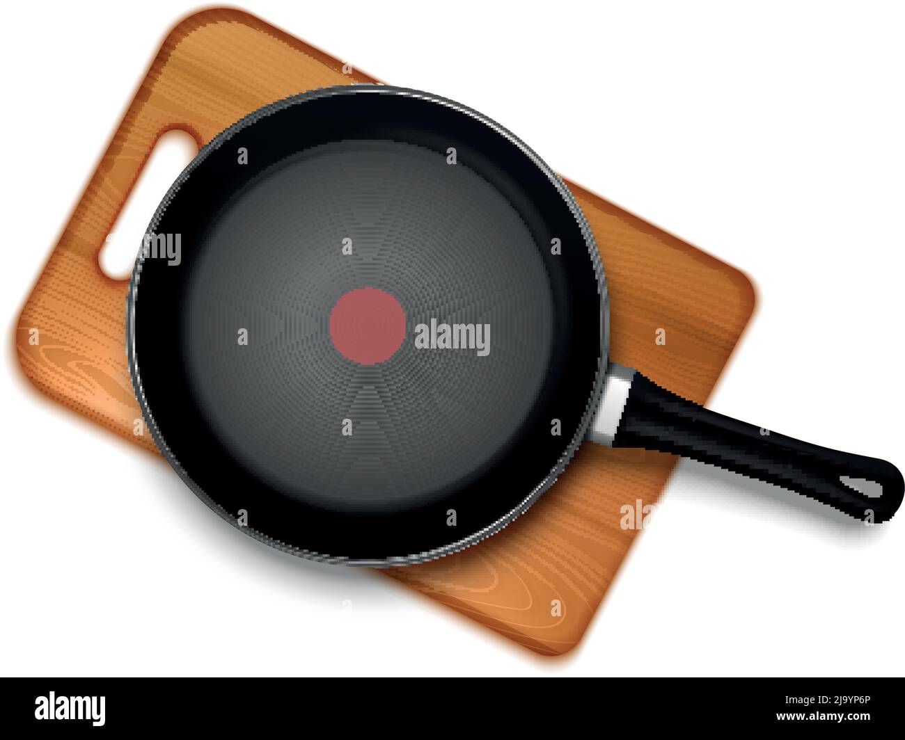 Teflon pan with red indicator on wooden board isolated top view ...