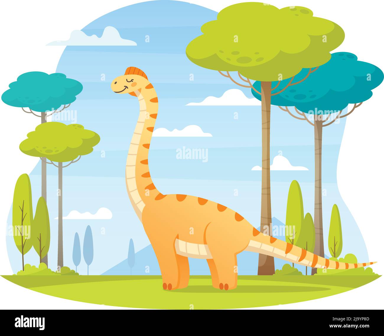Dinosaurs cartoon composition with outdoor landscape clear sky and ...