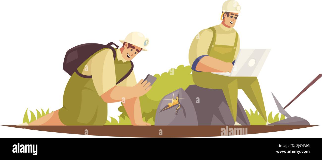 Geologist composition with two male geologists having rest outdoors ...