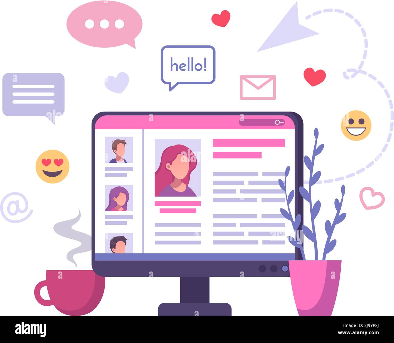 Virtual relationships online dating cartoon composition with desktop ...