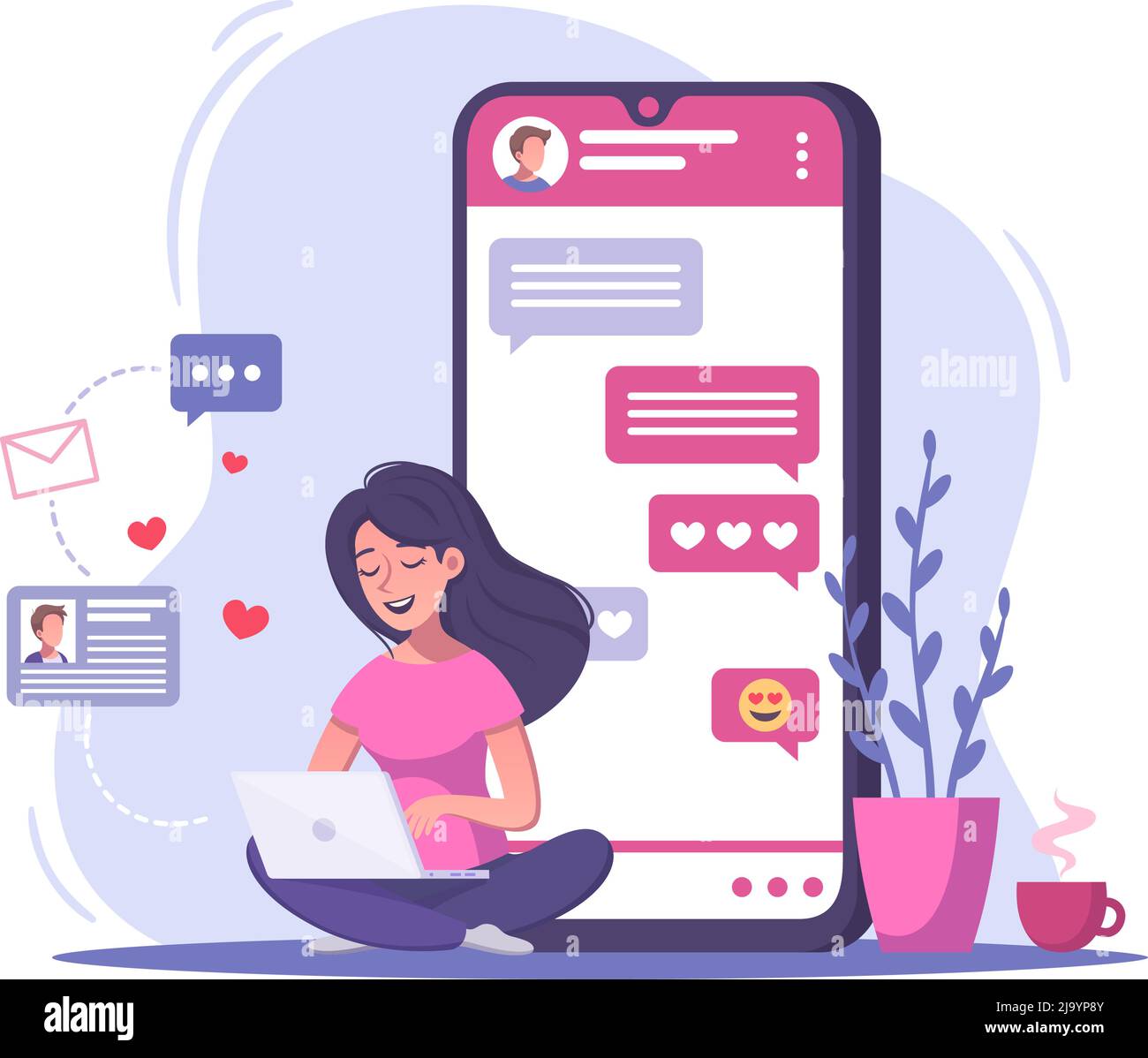 Virtual relationships online dating cartoon composition with girl ...