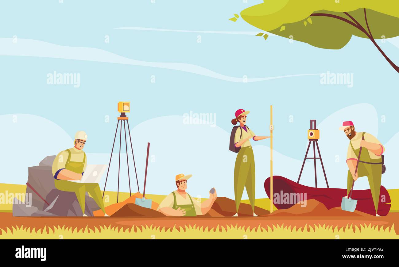 Geologist soil composition with group of flat doodle characters ...