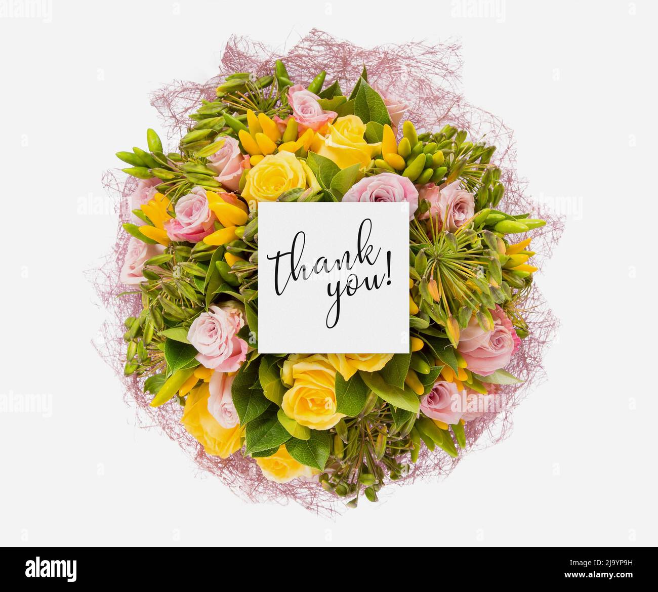 Fresh flowers bunch and card with words thank you written on it Stock ...