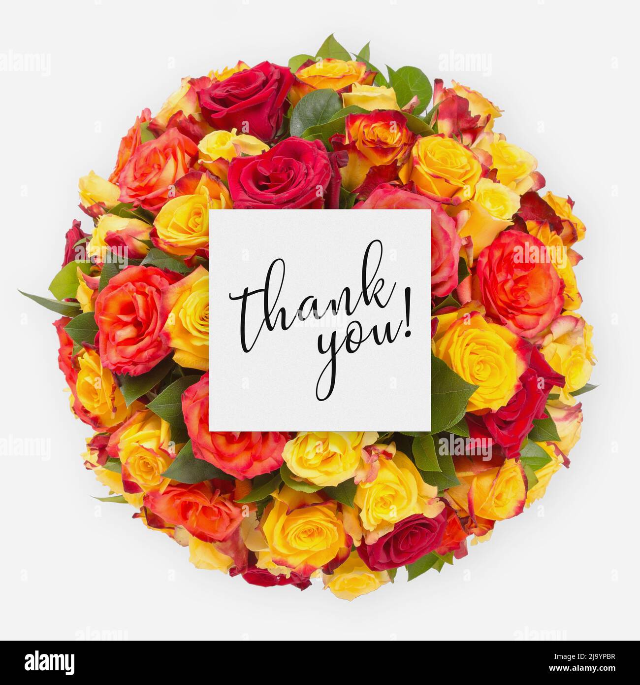 Fresh flowers bunch and card with words thank you written on it Stock ...