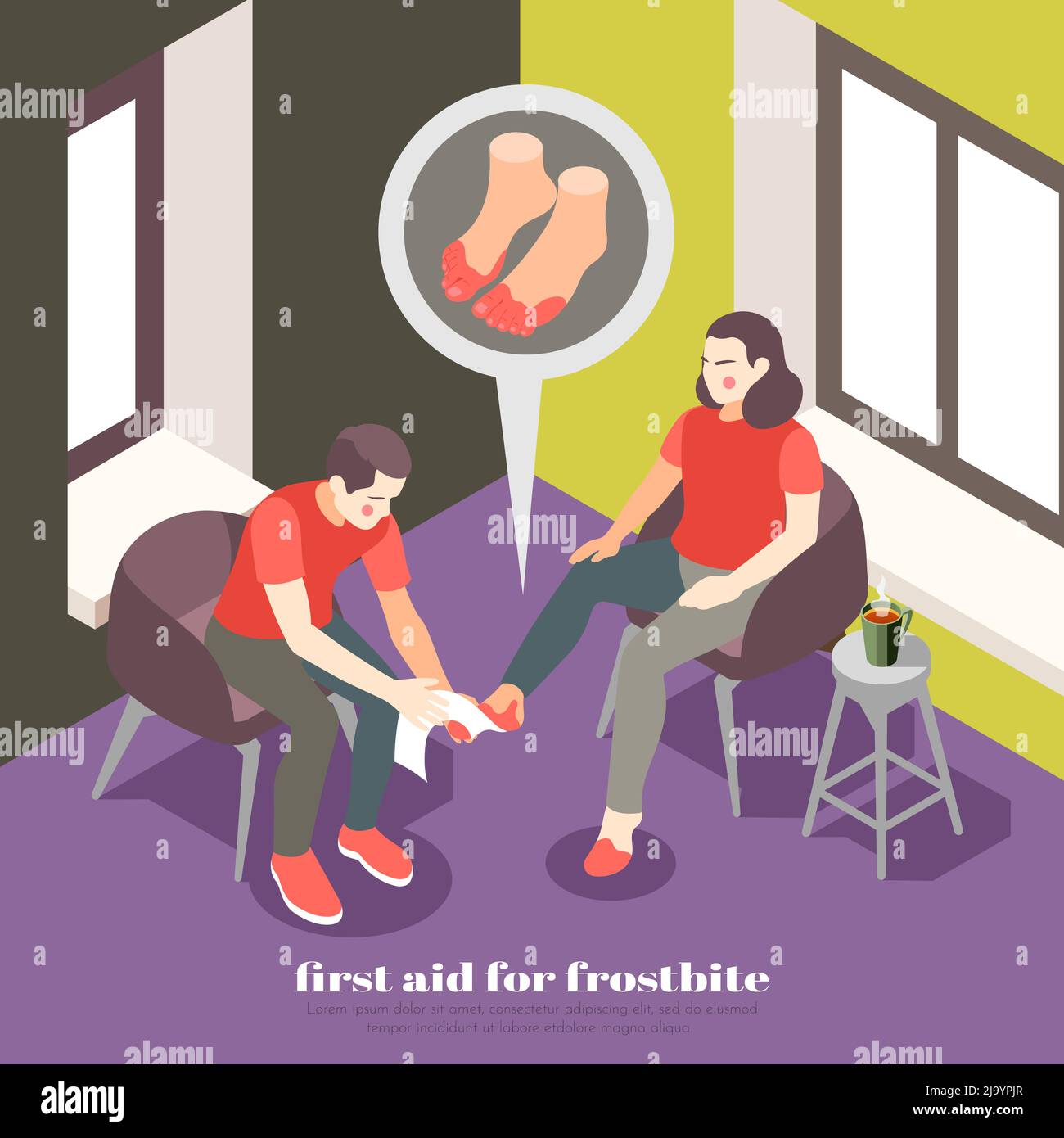 First aid steps for frostbite isometric background composition with ...