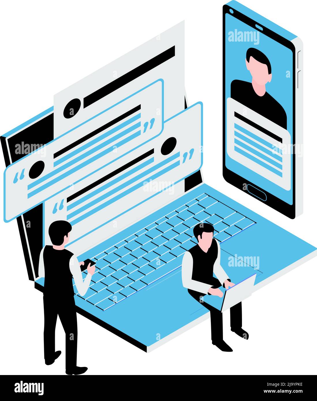 Social media icon with people chatting online using various gadgets 3d ...