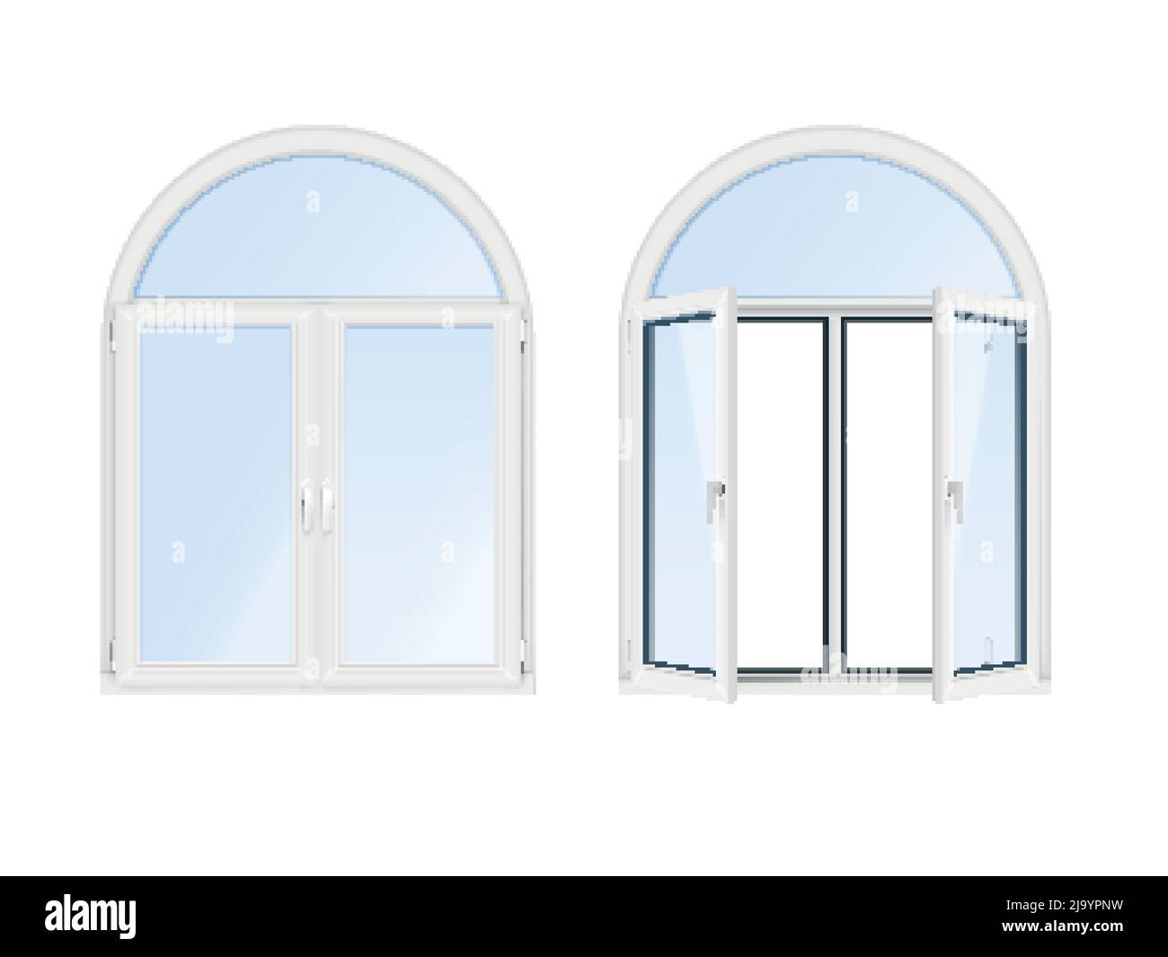 Two isolated and realistic arch windows icon set white open and closed ...