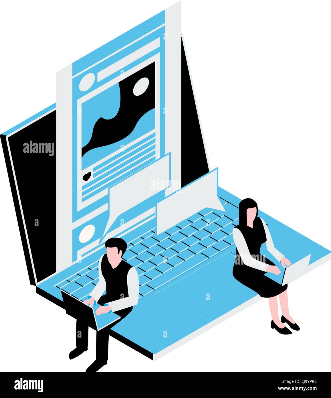 Isometric social media internet communication icon with laptop and two ...