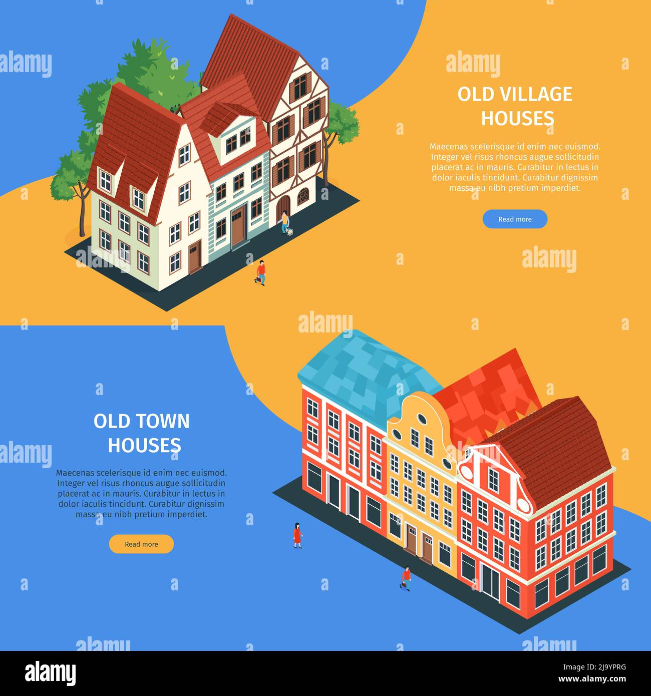 Two horizontal isometric old town banner set old house village and old ...