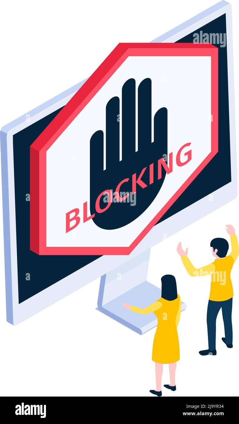 Internet blocking isometric icon with computer and two characters 3d vector illustration Stock ...