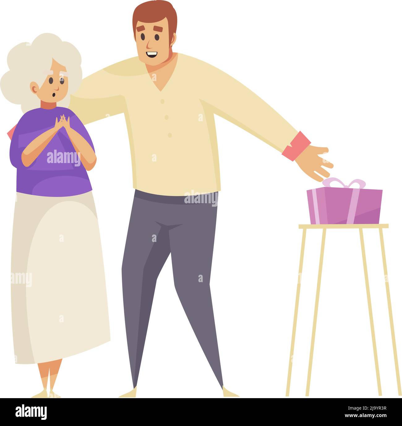 Gift present giving composition with cartoon characters of adult man ...