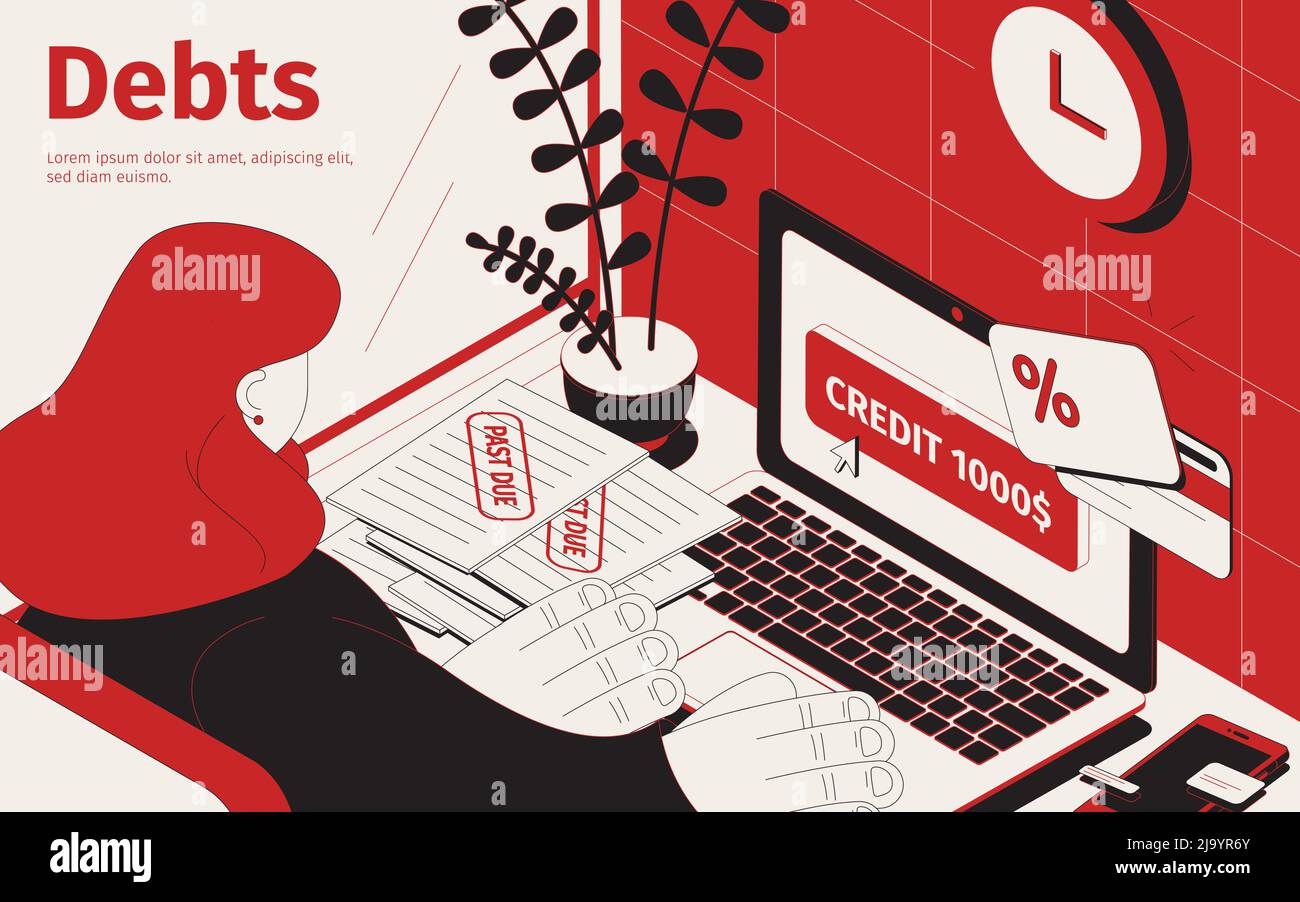 Debts isometric composition with women in front of open notebook vector ...