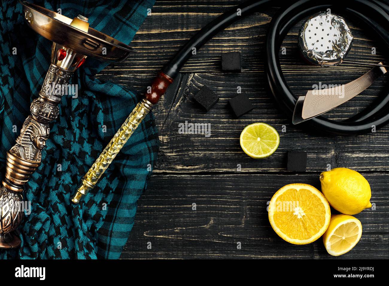 Top view of Hookah with orange fruit on a wooden background Stock Photo ...