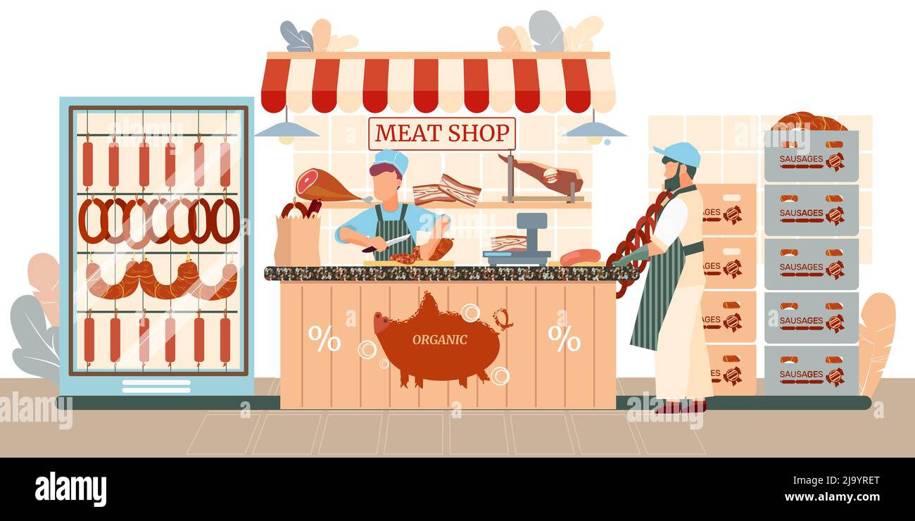 Sausages store flat composition with view of meat shop market stall ...