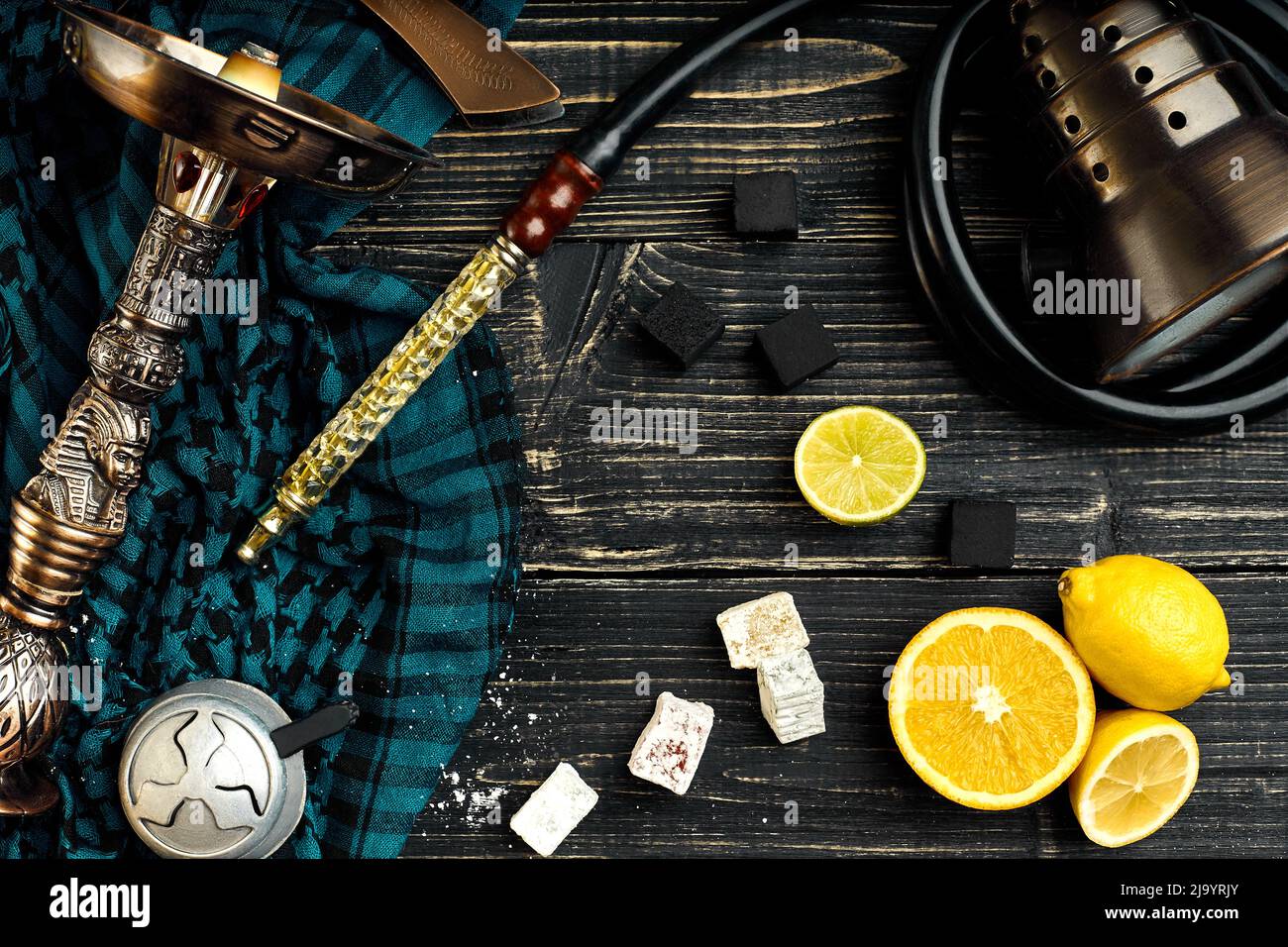 Top view of Hookah with orange fruit on a wooden background Stock Photo ...