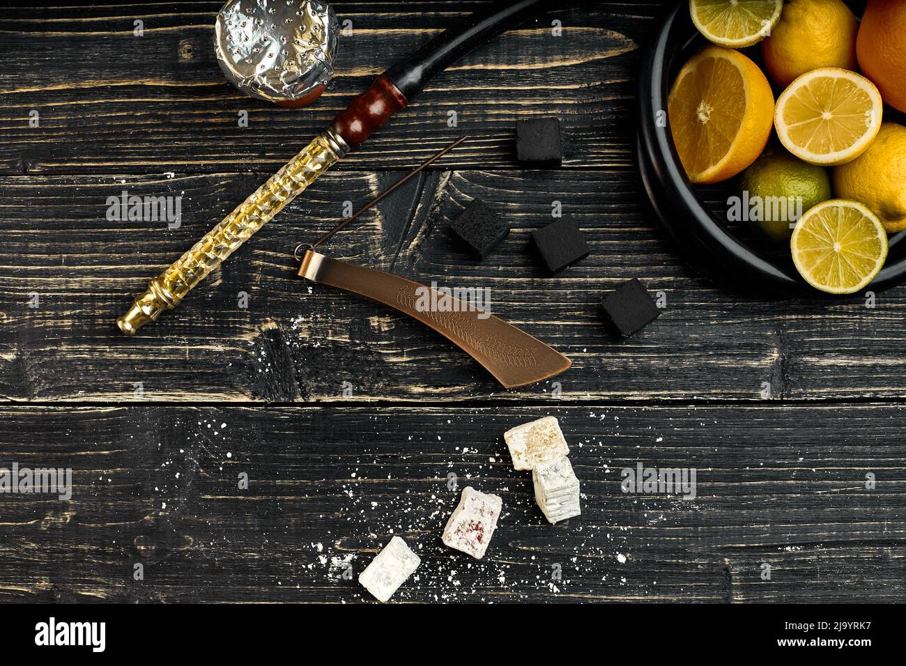 Stylish Smoking hookah and basket with lemon, lime and orange on Stock ...