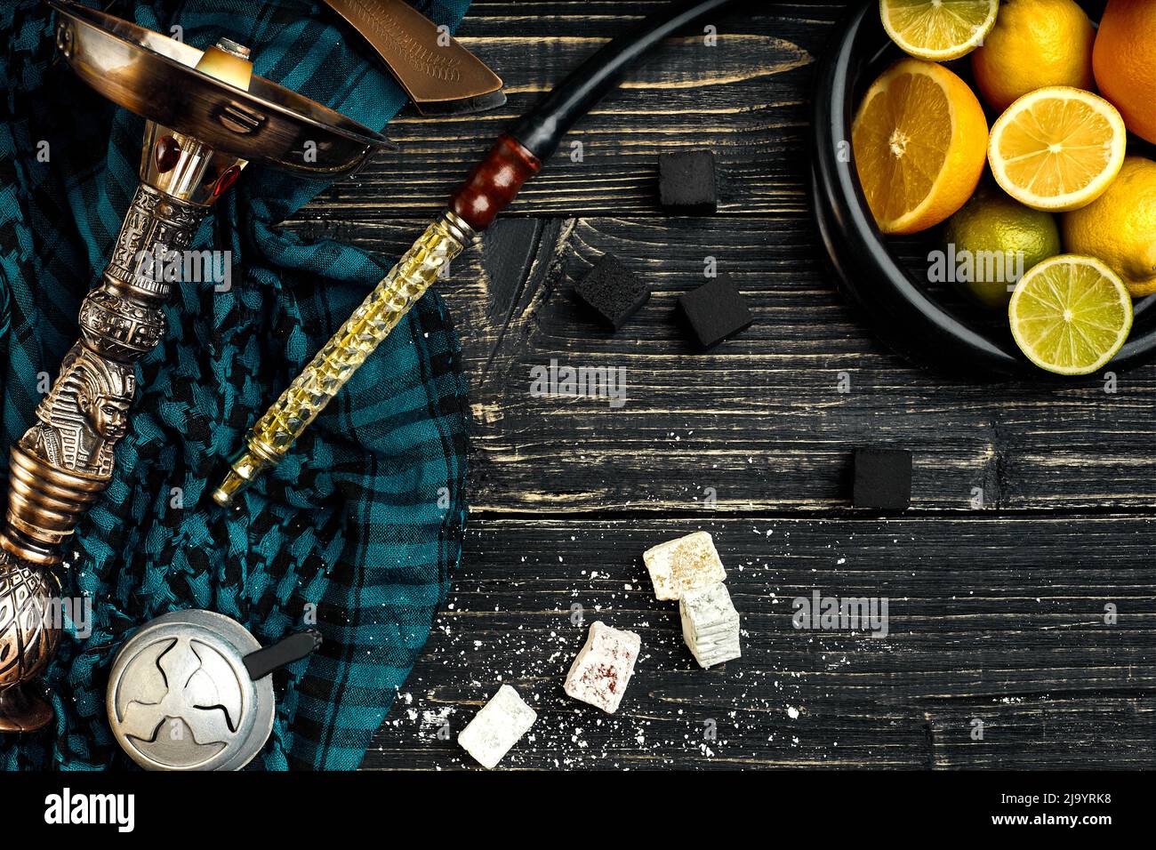 Stylish Smoking hookah and basket with lemon, lime and orange on Stock ...
