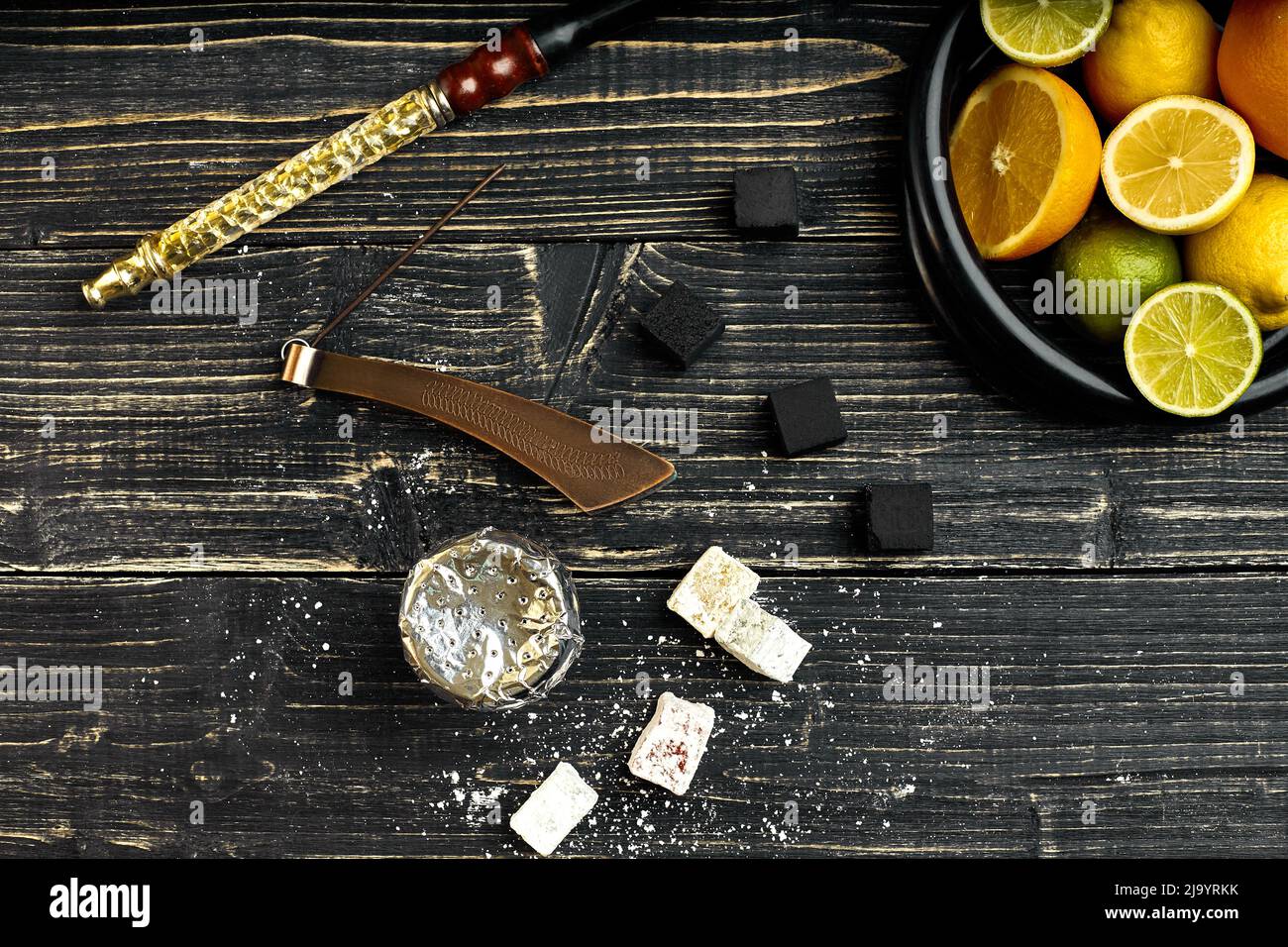 Stylish Smoking hookah and basket with lemon, lime and orange on Stock ...