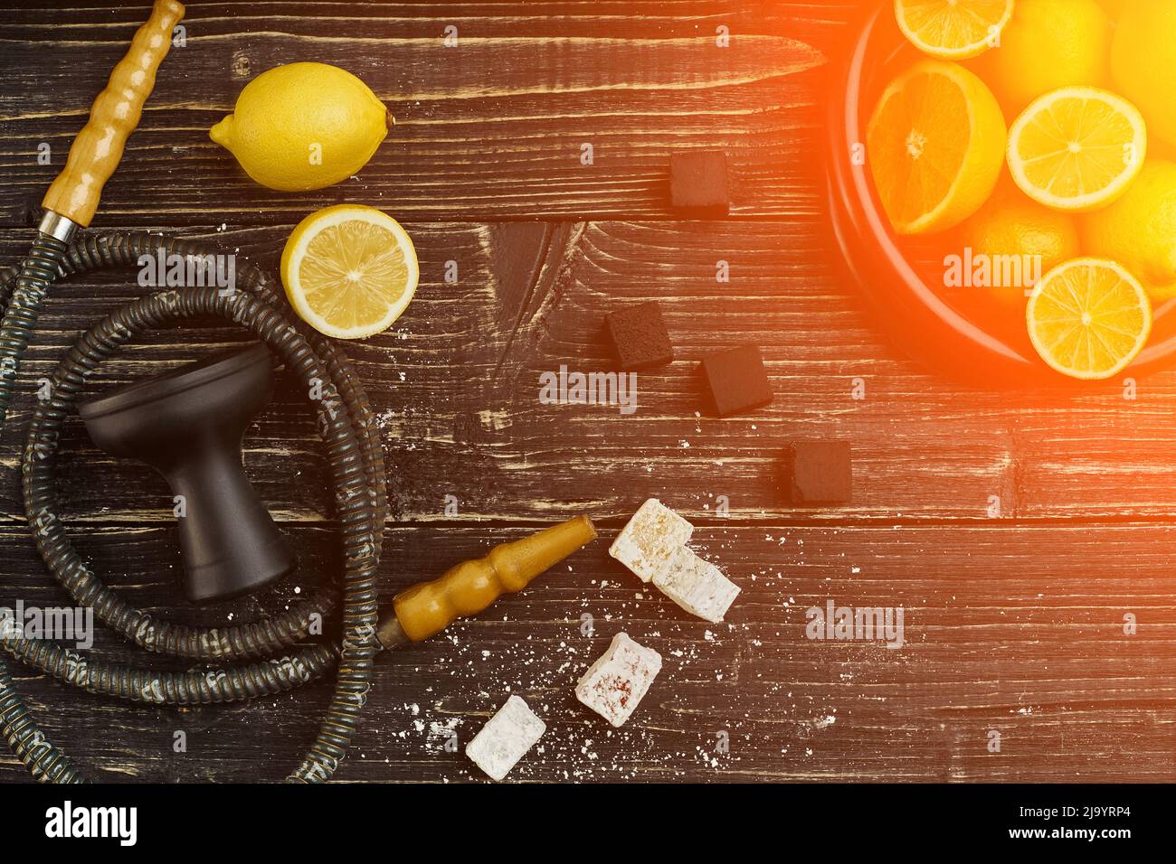 Stylish Smoking hookah and basket with lemon, lime and orange on Stock ...