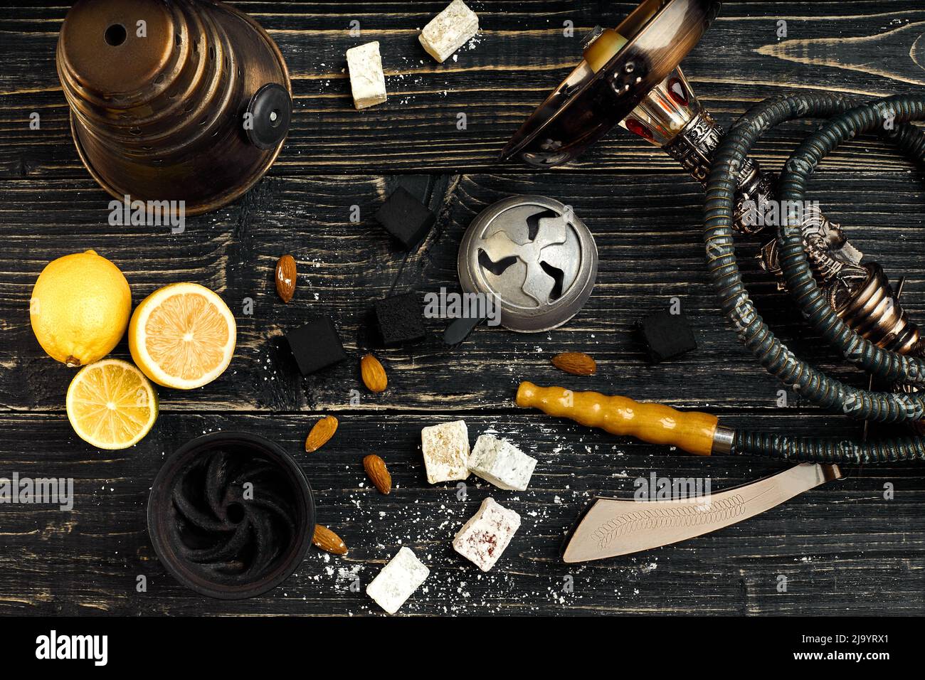 Arabic hookah with a tobacco flavor of a mixture of lemon. Top view of ...