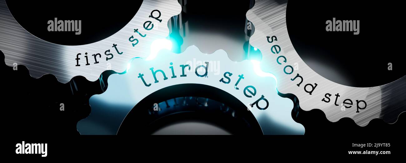 First, second, third step - gears concept - 3D illustration Stock Photo ...