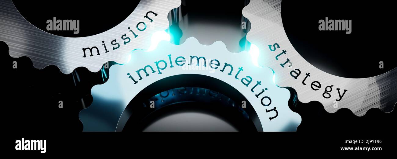 Implementation, mission, strategy - gears concept - 3D illustration ...