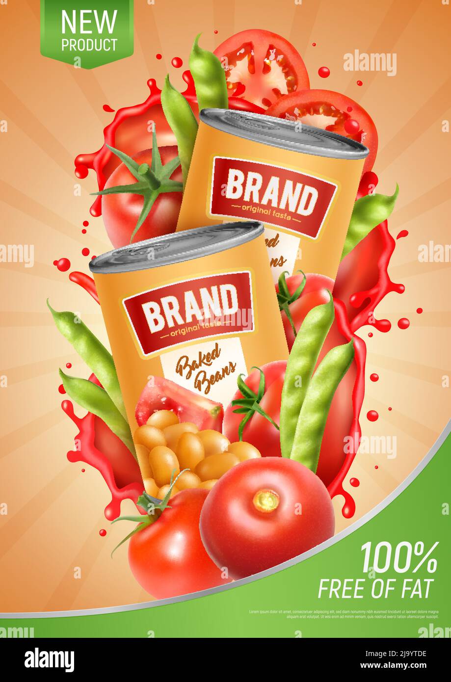 Realistic vertical poster with two tins of natural baked beans tomatoes ...