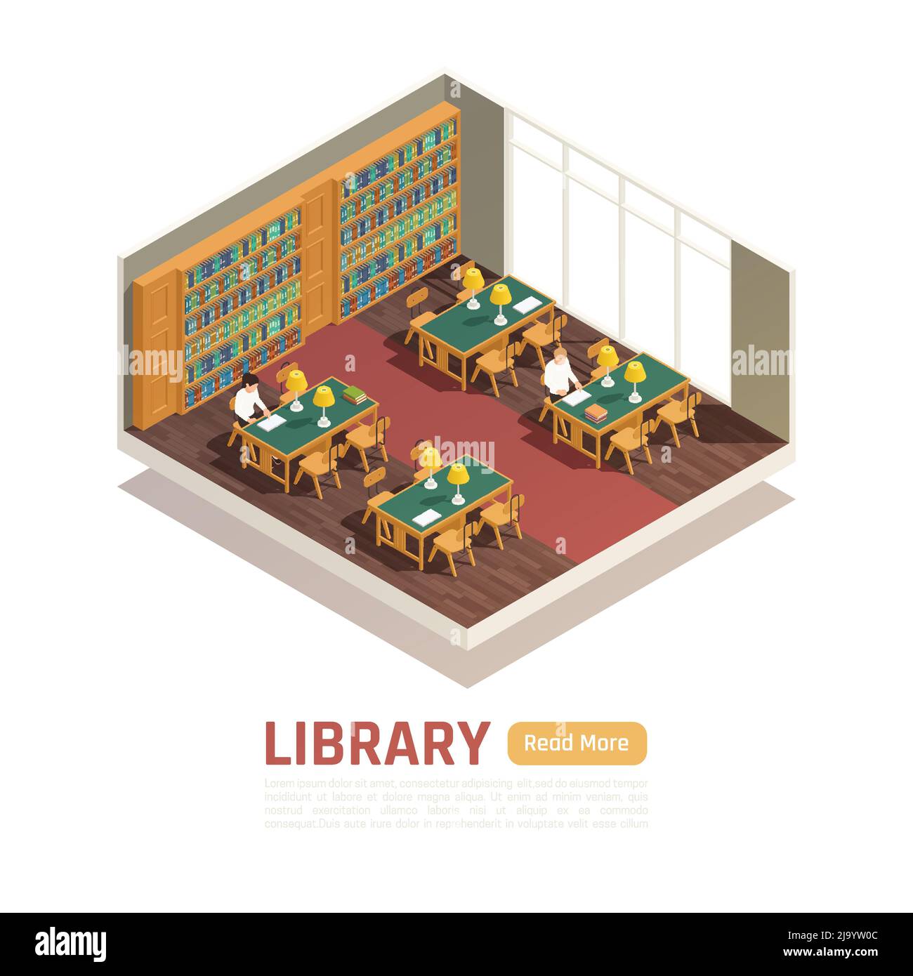 High school library interior and students reading books 3d isometric ...