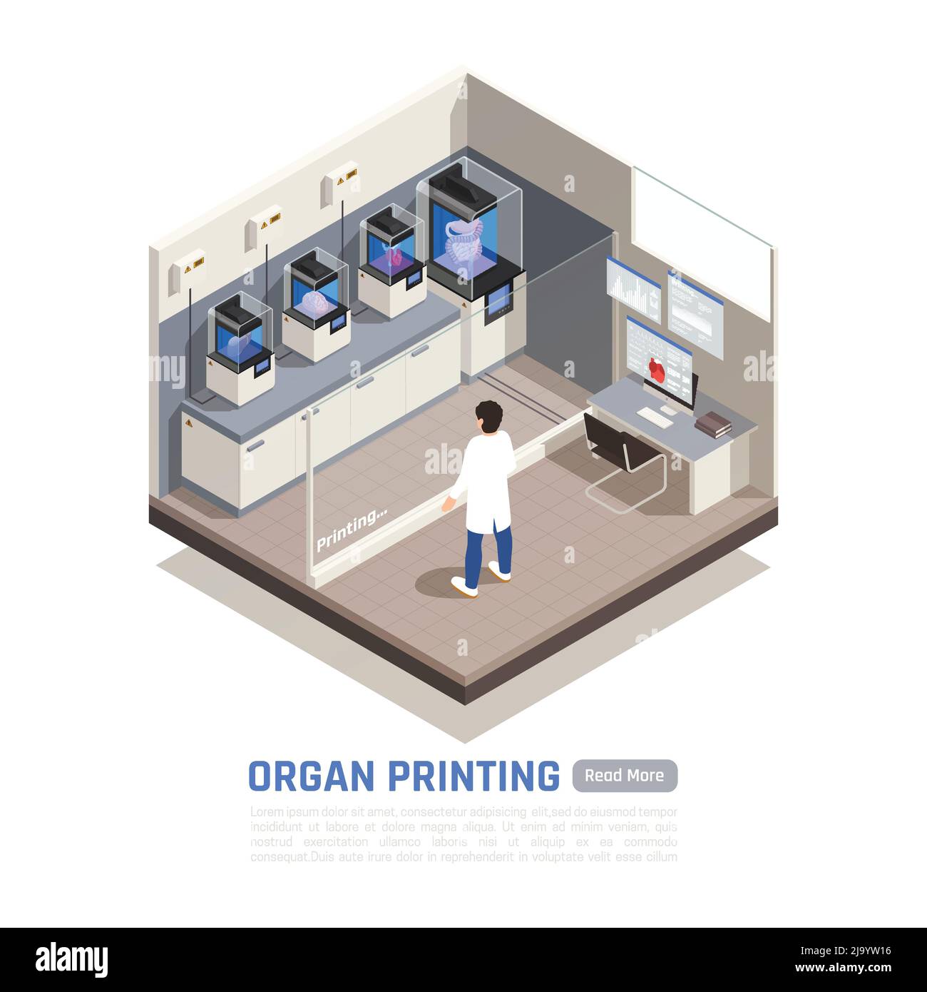 Man watching process of human organs 3d printing isometric composition ...