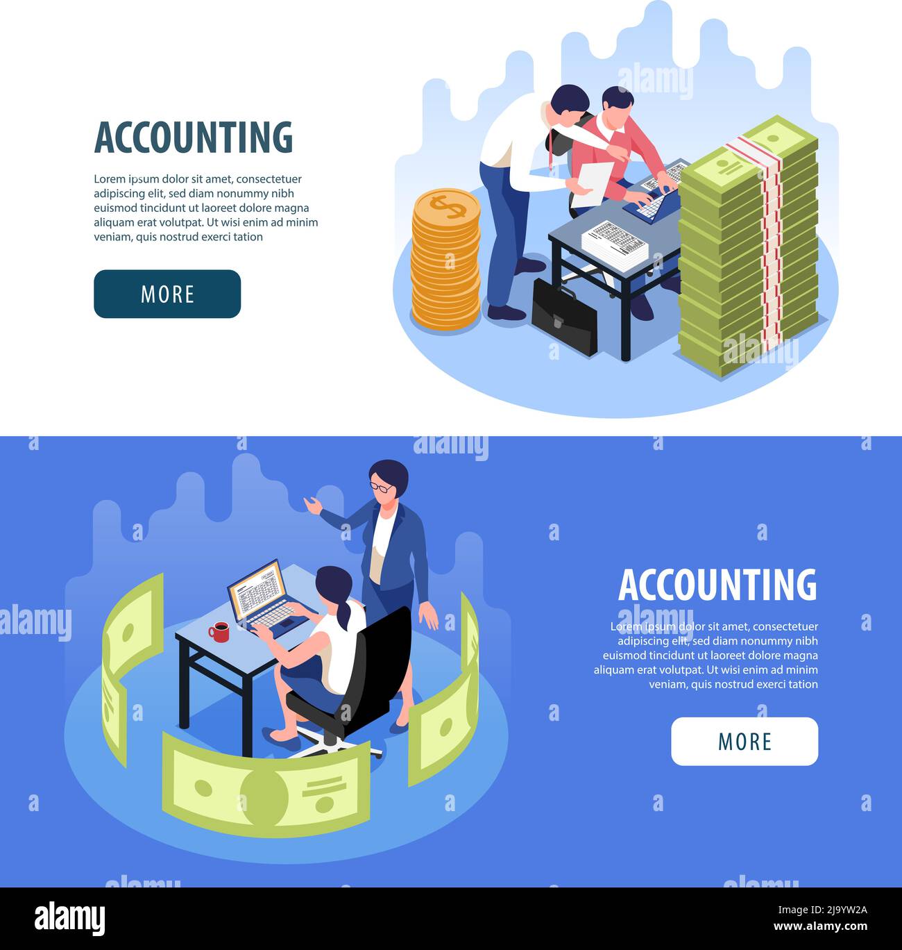 Accounting 2 horizontal isometric web page banners with financial ...