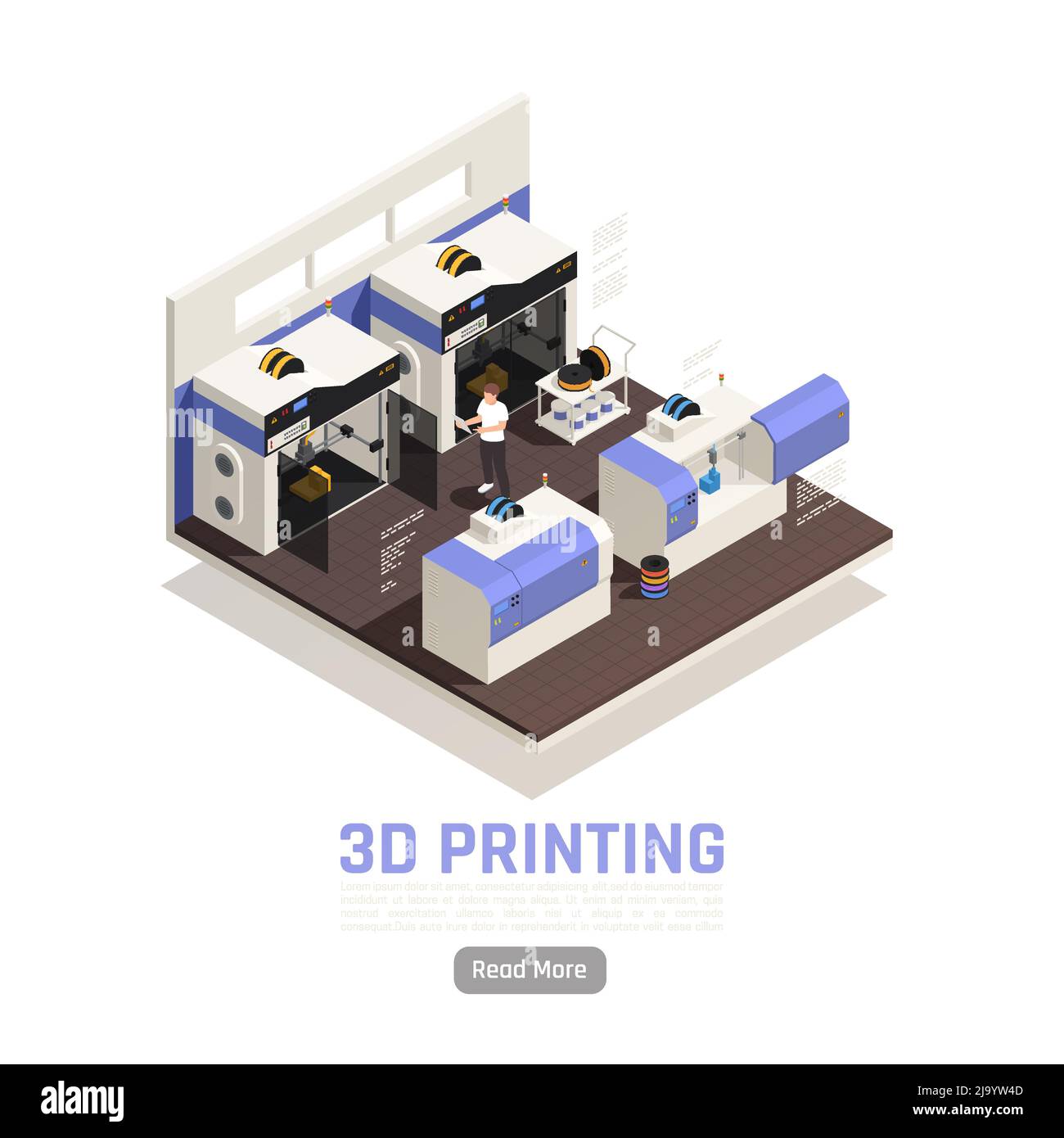 Engineer monitoring printing of big 3d models isometric vector ...