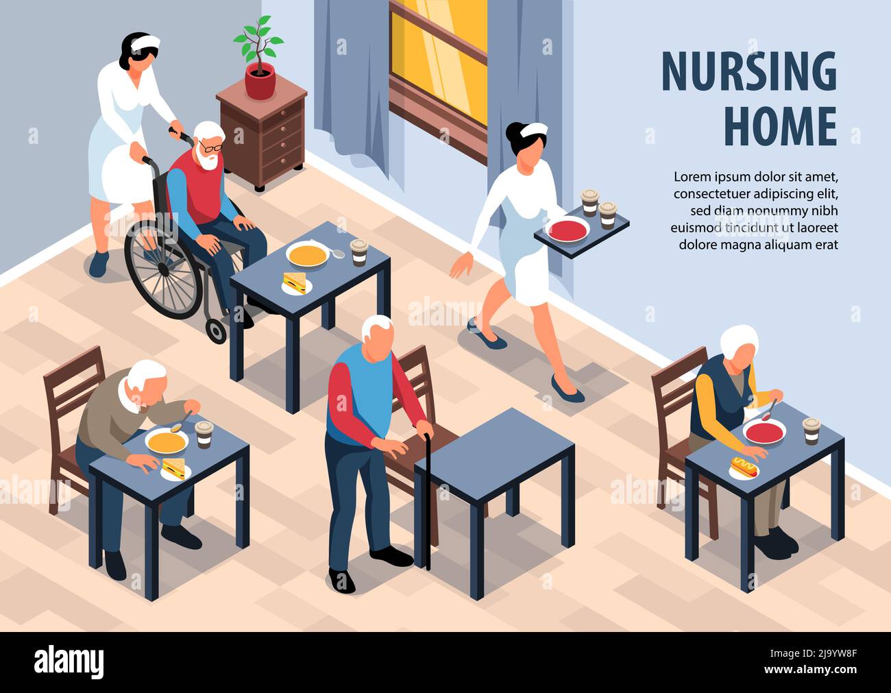 Isometric nursing home background composition with view of dining room ...