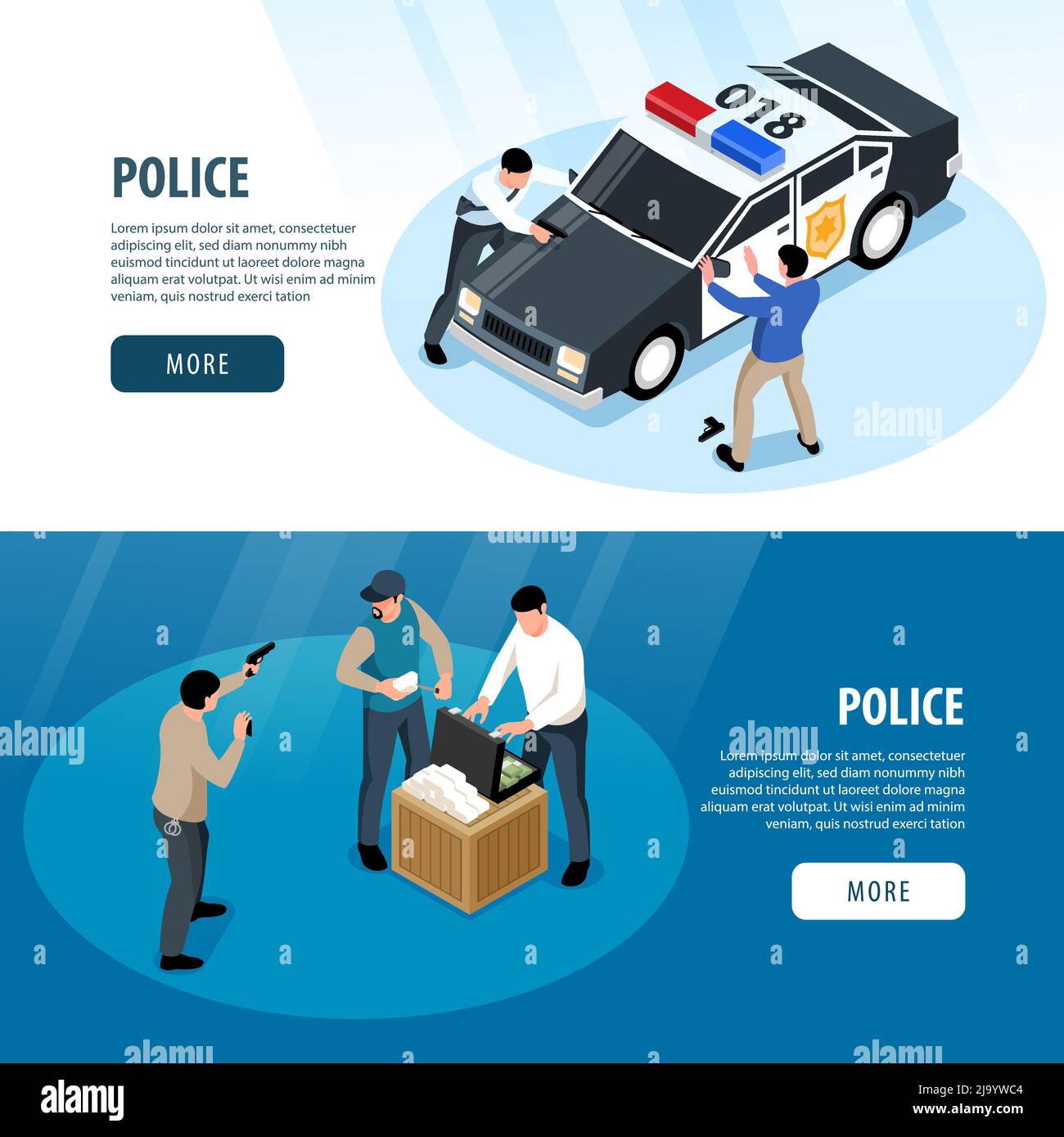 Isometric police horizontal banners set with custody scene images human ...