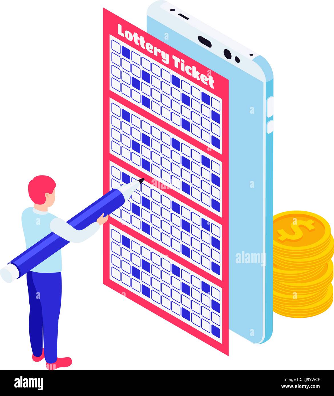 Isometric icon with smartphone coins and character filling out lottery ...