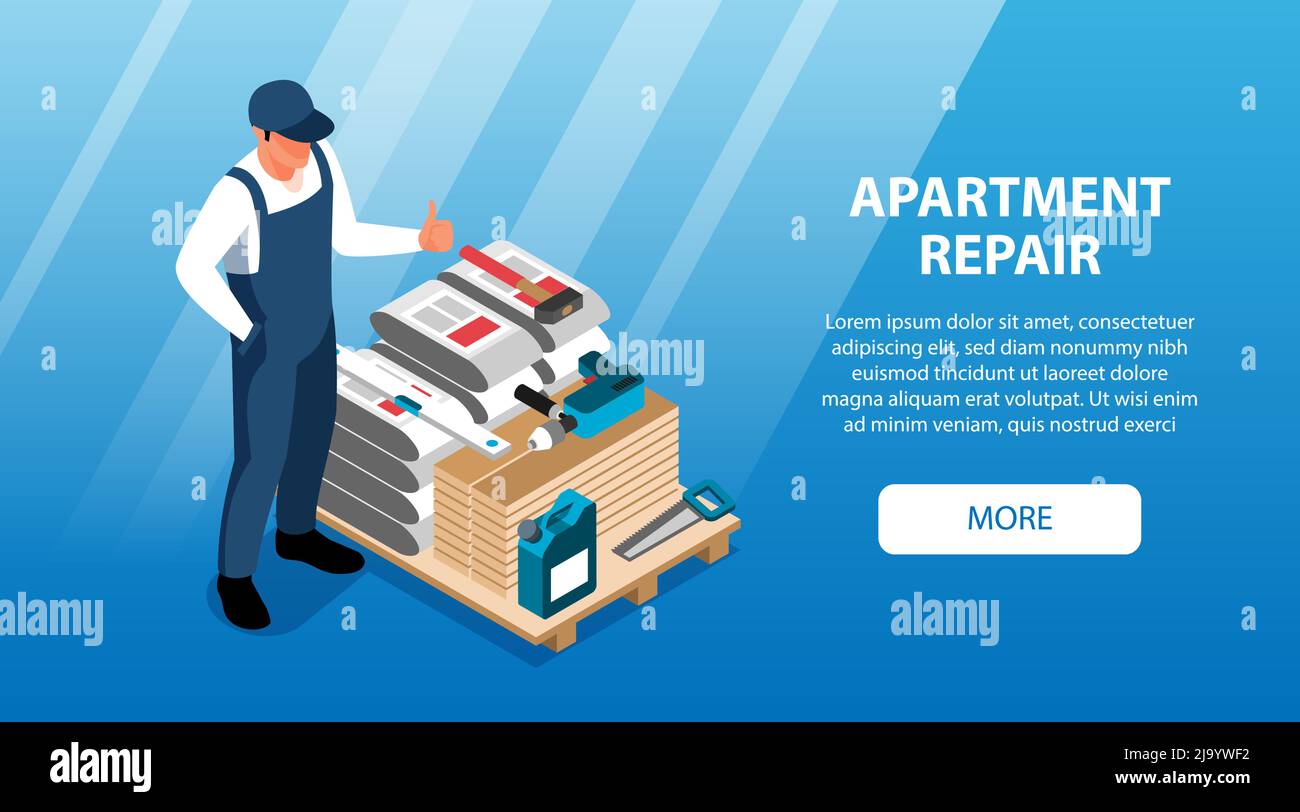 Isometric apartment repair horizontal banner with repairman character ...