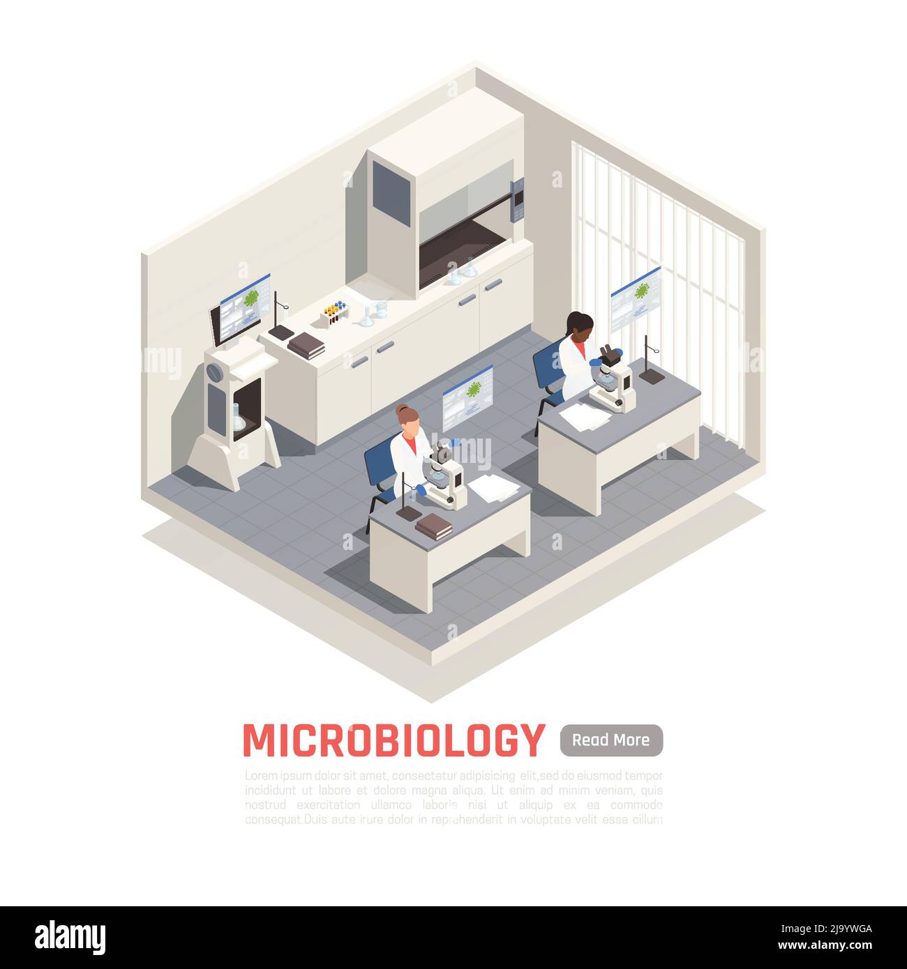 Biotechnology scientists working with microscopes in laboratory 3d ...