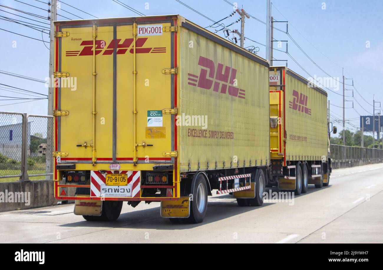 BANGKOK, THAILAND, APR 16 2022, The truck with the trailer of the DHL ...