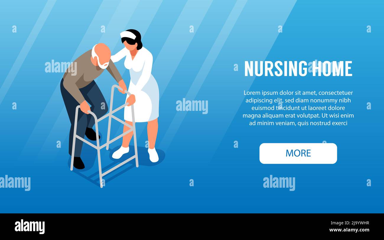 Isometric nursing home horizontal banner with more button text and ...