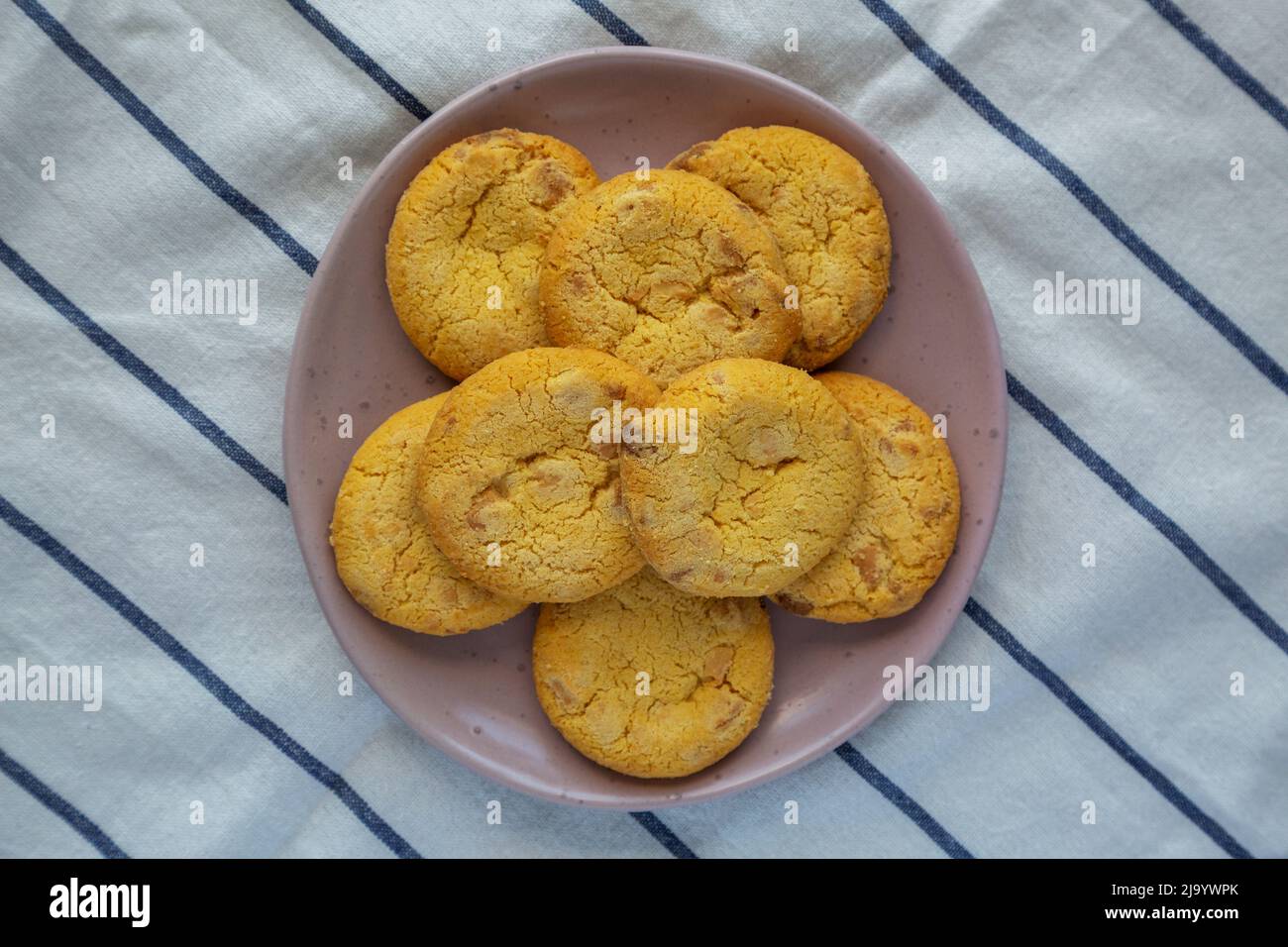 Homemade Lemon and White Chocolate Cookies on a Plate, top view. Flat ...