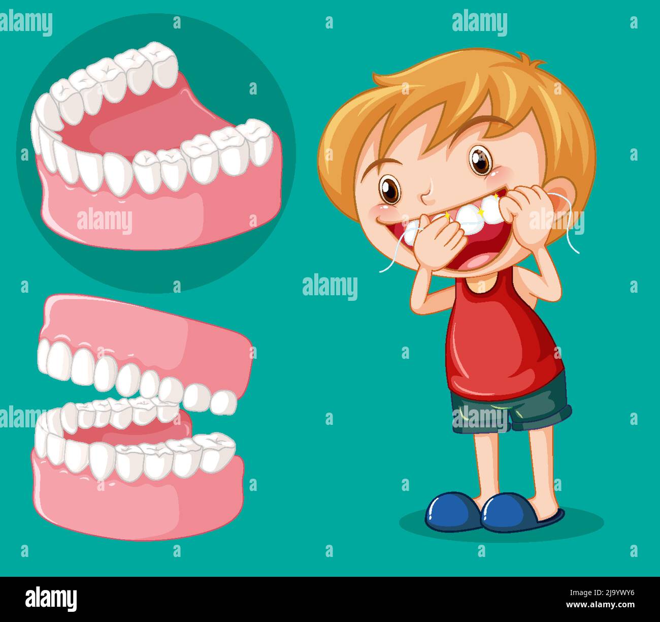 Cute boy cartoon character flossing teeth illustration Stock Vector ...