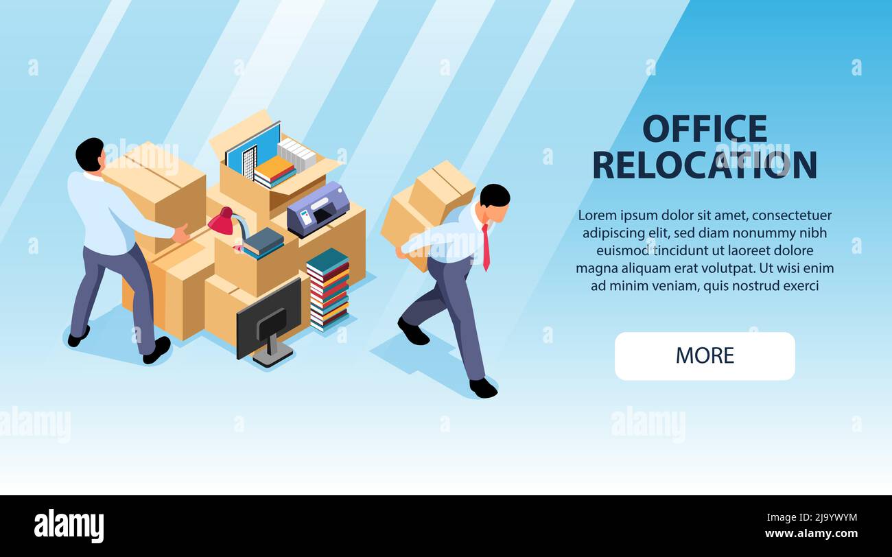 Isometric office move horizontal banner with editable text more button ...