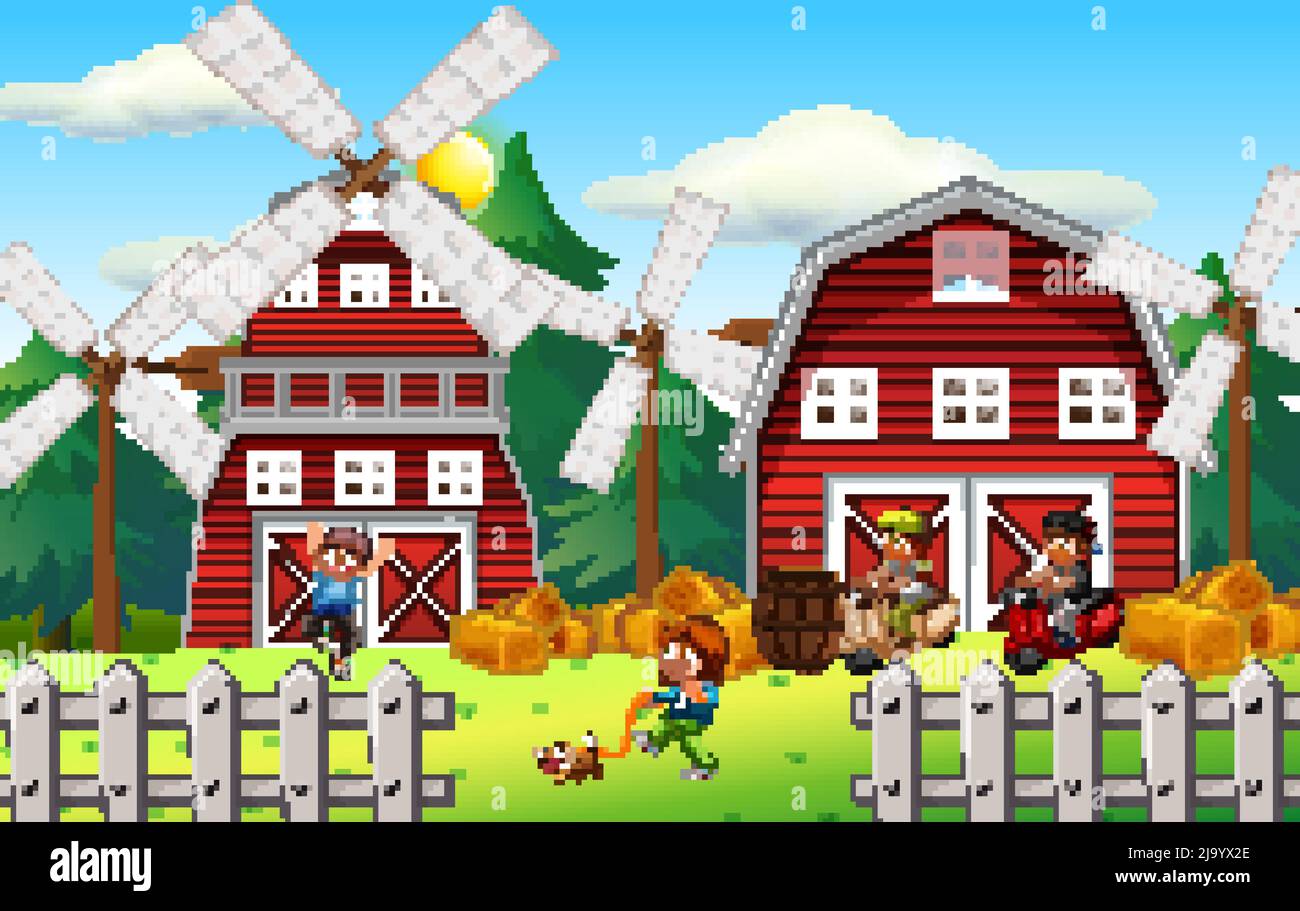 Happy kids in farm landscape illustration Stock Vector Image & Art - Alamy